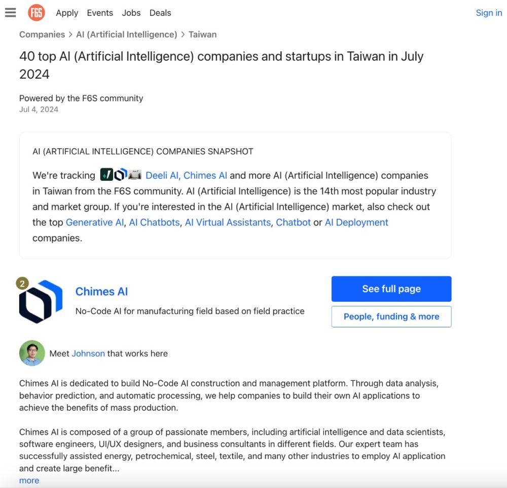 Chimes AI 榮獲 F6S 評選為台灣 40 家值得關注的 AI 新創企業第 2 名 - Chimes AI